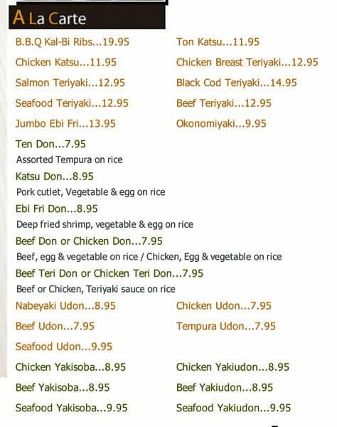 Menu at Akasaka Japanese Restaurant, Surrey, Fraser Hwy