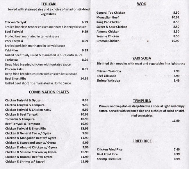Menu at Honto Teriyaki II restaurant, Bonney Lake