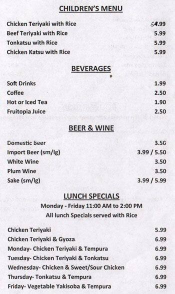 Menu at Honto Teriyaki II restaurant, Bonney Lake