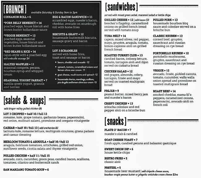 Menu at Lot No. 3 pub & bar, Bellevue
