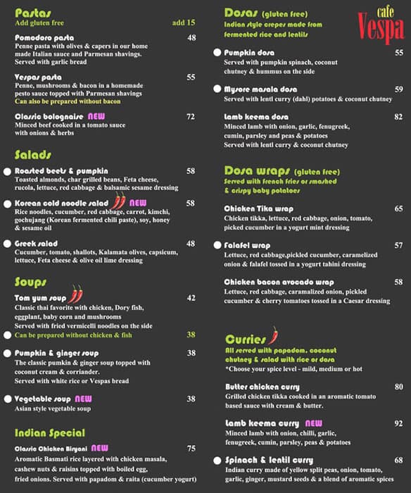 Menu at Cafe Vespa, Ubud