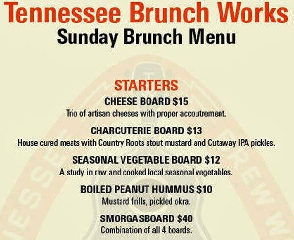 Menu at Tennessee Brew Works restaurant, Nashville