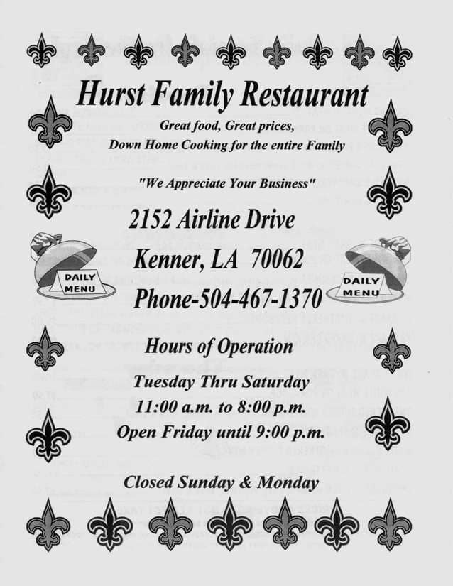 Menu at Hurst’s Restaurant and Seafood, Kenner