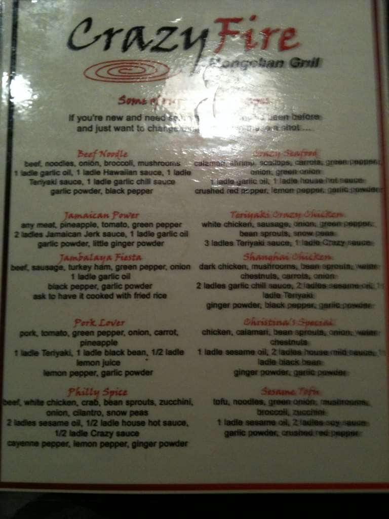 Menu at Crazy Fire Mongolian Grill restaurant, Fayetteville