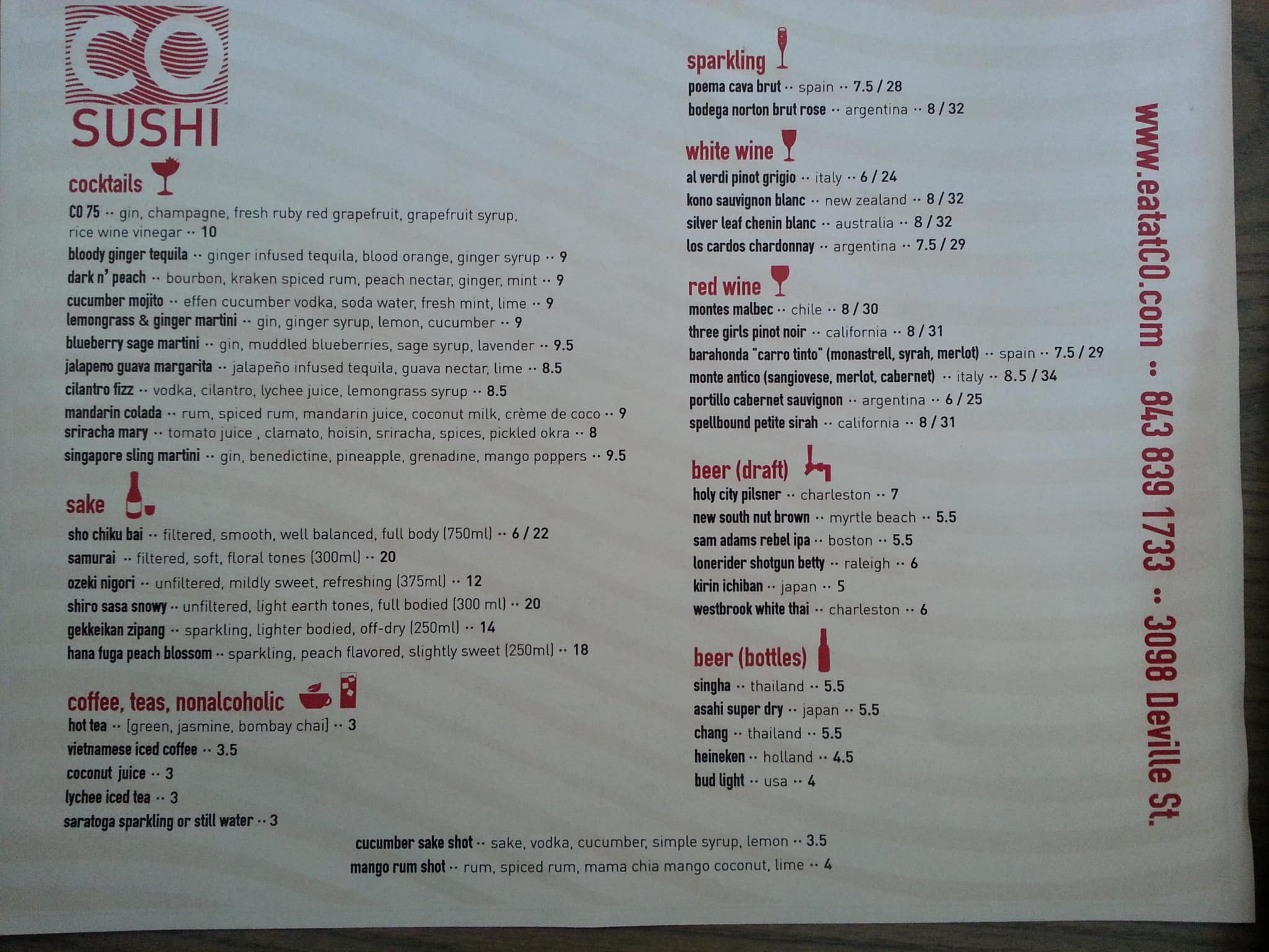 Menu at CO restaurant, Myrtle Beach, Deville St