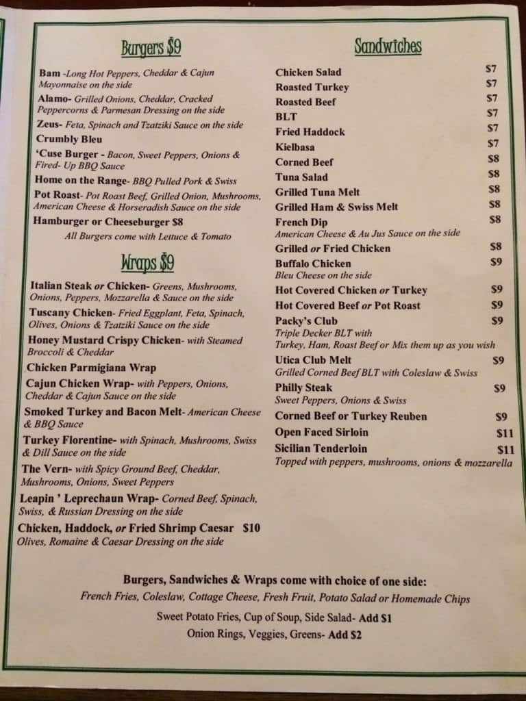 Menu at Packy's Pub, Washington Mills