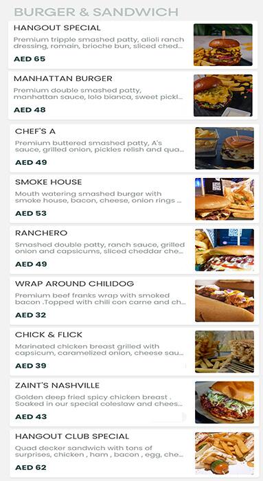 Menu at The Hangout restaurant, Dubai