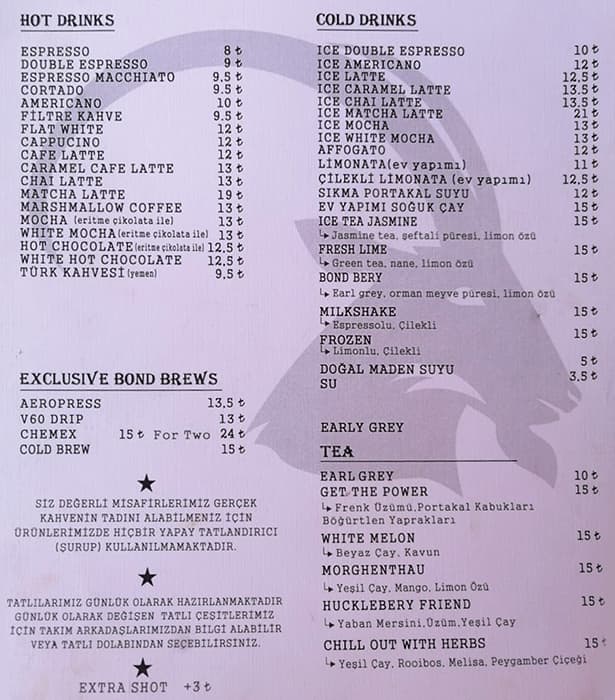 Menu at BOND COFFEE CO., Istanbul