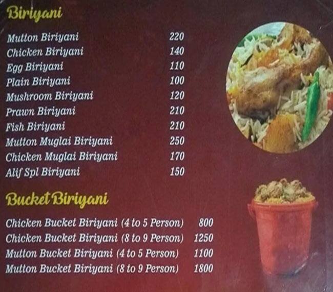 Menu of Arif Briyani, Thiruvanmiyur, Chennai
