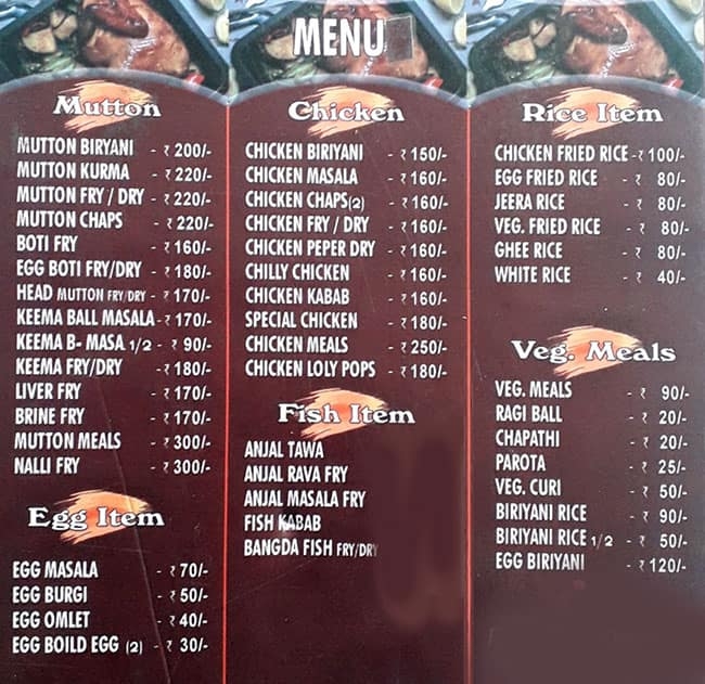 Menu of MM Prashanth Hotel, Rajajinagar, Bangalore
