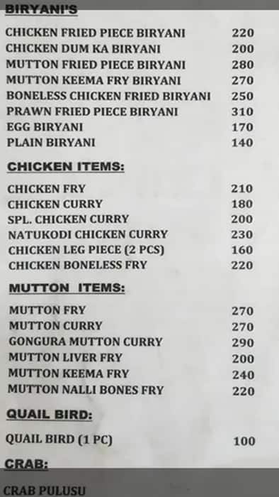 Menu of Kshatriya Biryanis, Madhapur, Hyderabad