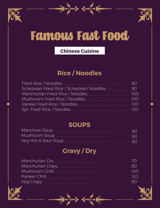 Menu of Famous Fast Food, Ulhasnagar, Thane