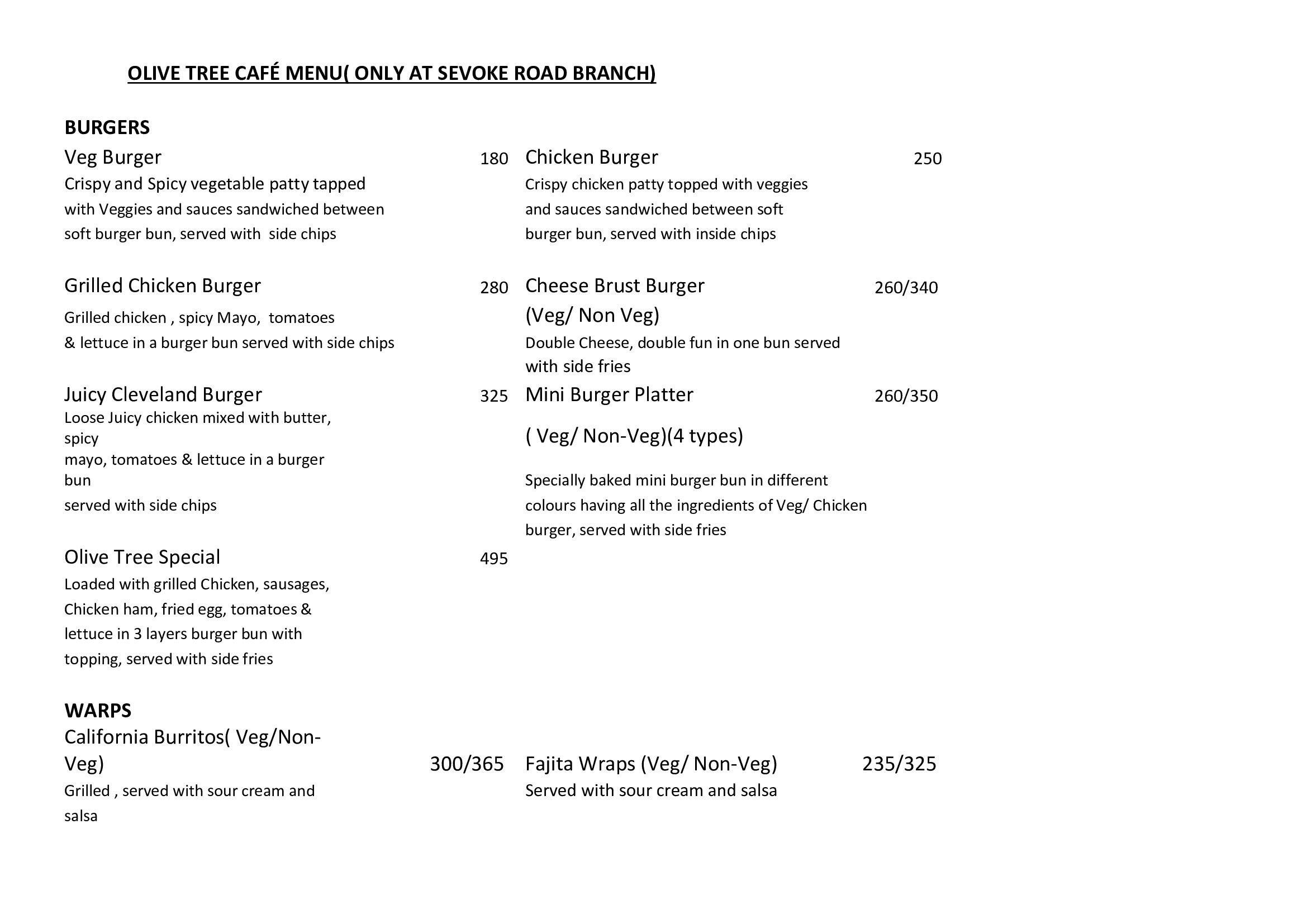 Menu of Olive Tree Bakery And Cafe, Pradhan Nagar, Siliguri