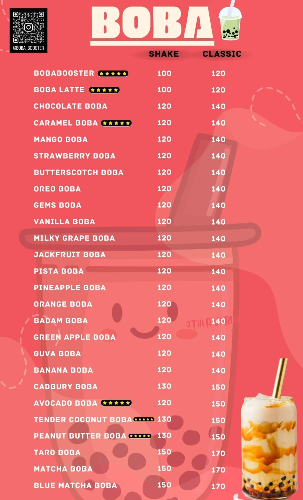 Menu of Boba Booster, Kazhakkoottam, Trivandrum