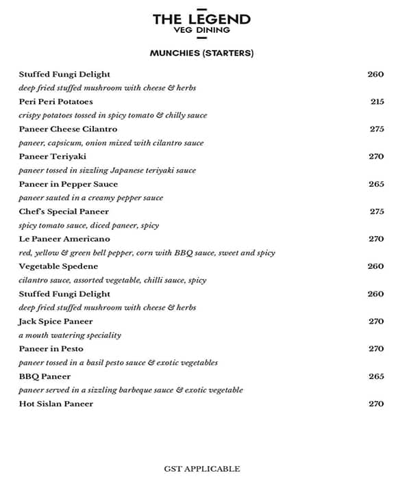 Menu of The Legend, Dombivali East, Thane