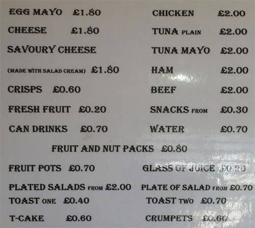 Menu at Chimney Pots Cafe, Manchester