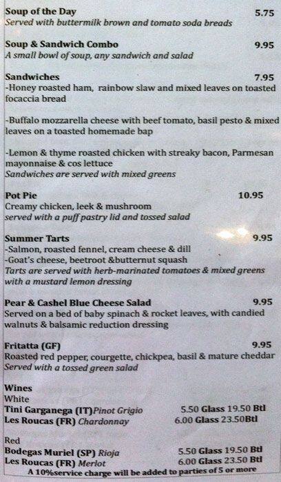 Menu at Queen of Tarts cafe, Dublin, Cows Lane