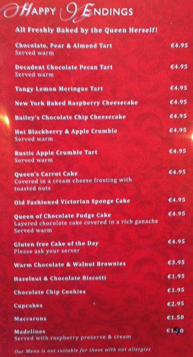 Menu at Queen of Tarts cafe, Dublin, Cows Lane