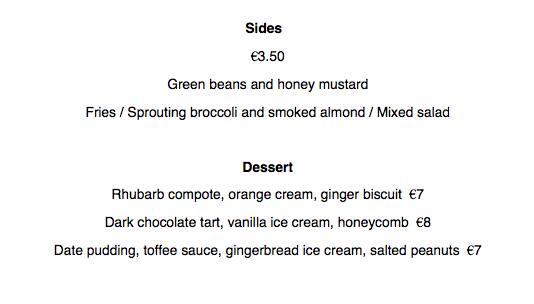 Menu at Richmond restaurant, Dublin, 43 Richmond St S