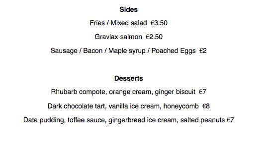 Menu at Richmond restaurant, Dublin, 43 Richmond St S
