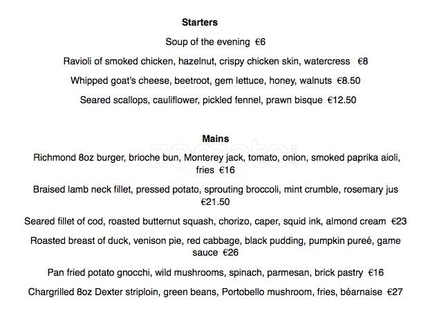 Menu at Richmond restaurant, Dublin, 43 Richmond St S