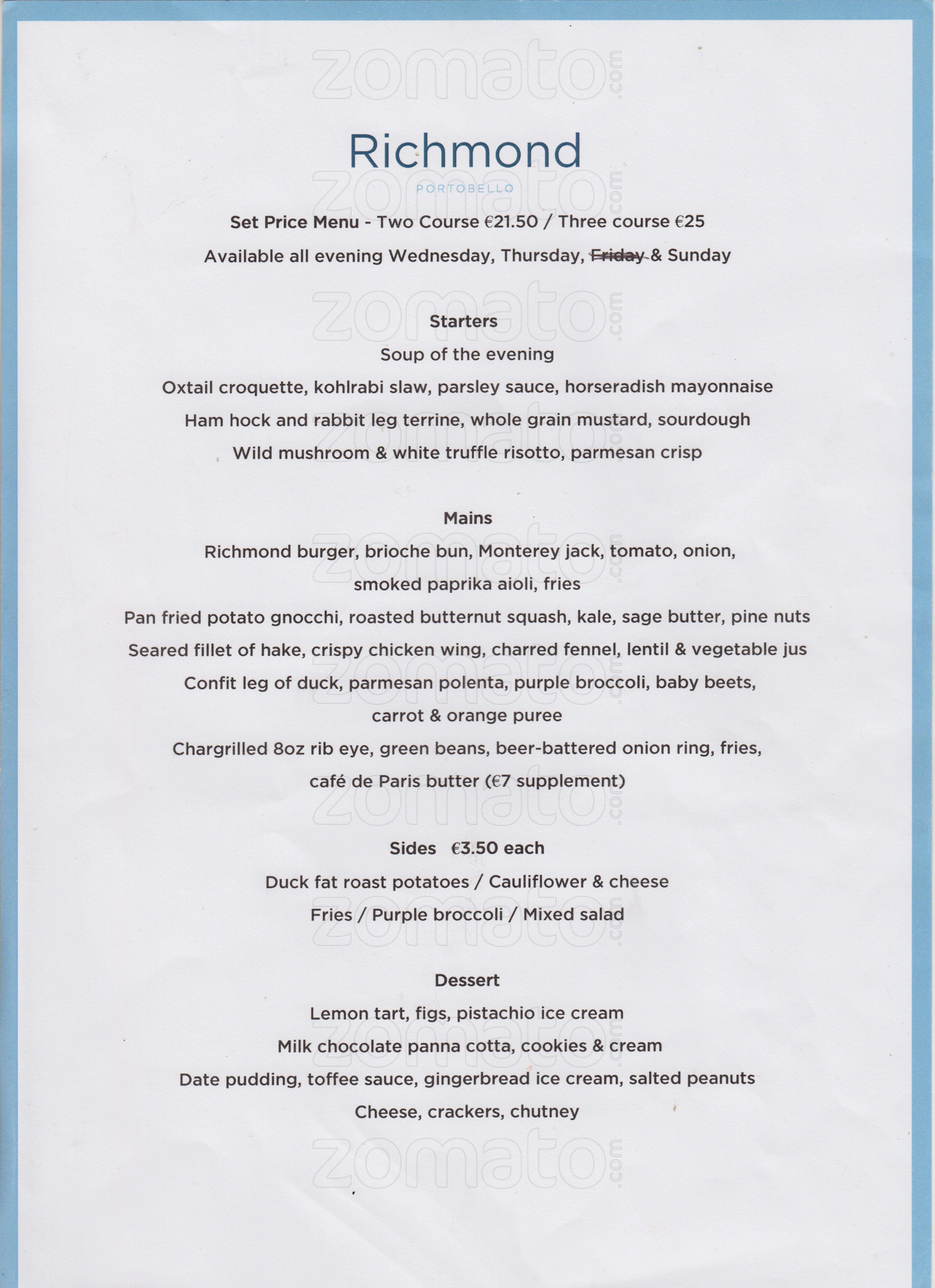 Menu at Richmond restaurant, Dublin, 43 Richmond St S