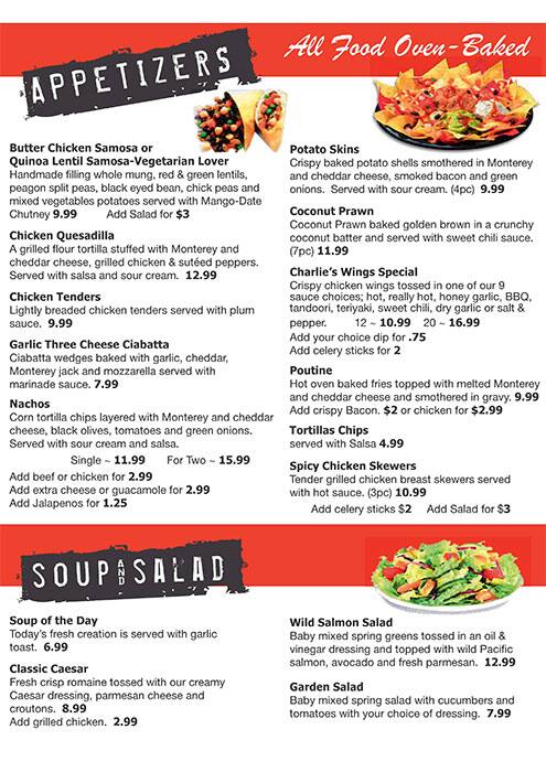 Menu at Charlie Hamiltons Pub, Coquitlam