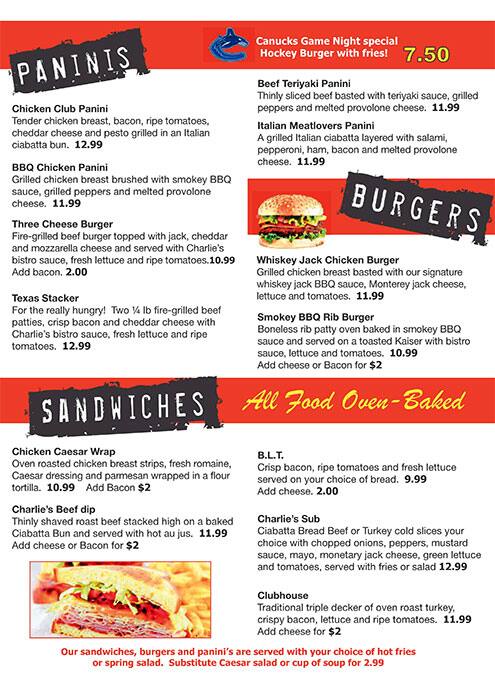 Menu at Charlie Hamiltons Pub, Coquitlam
