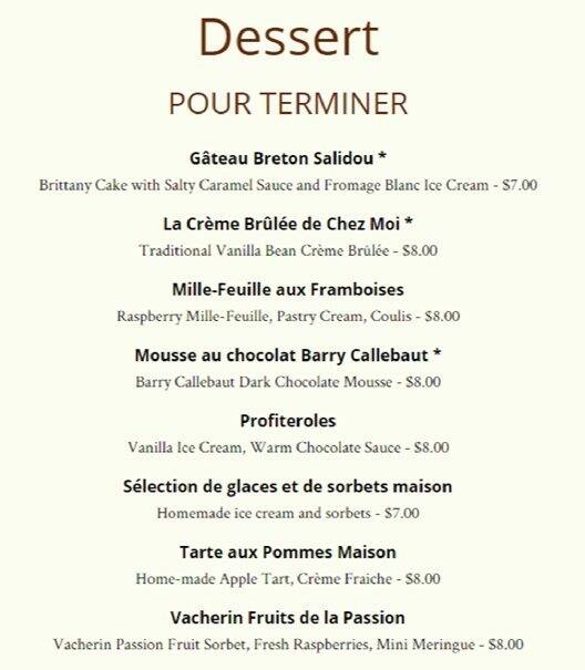 Menu at Chez Moi restaurant, Chicago