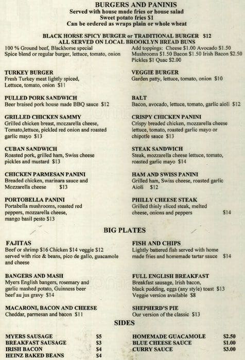 Menu at Black Horse Pub, New York City
