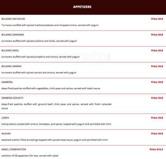 Menu at Kabul Afghan Cuisine restaurant, Philadelphia