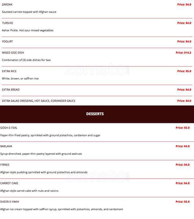 Menu at Kabul Afghan Cuisine restaurant, Philadelphia