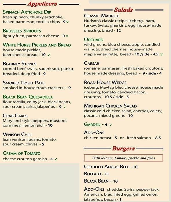 Menu at White Horse Inn restaurant, Metamora
