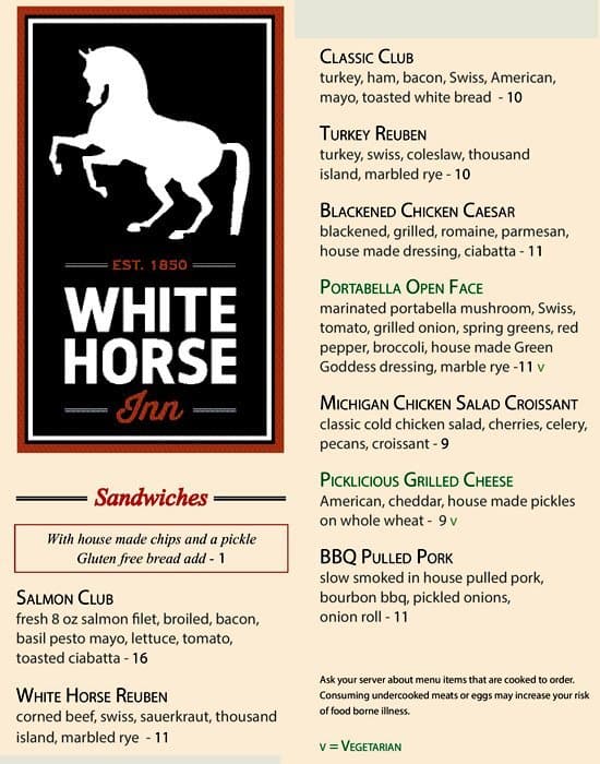 Menu at White Horse Inn restaurant, Metamora