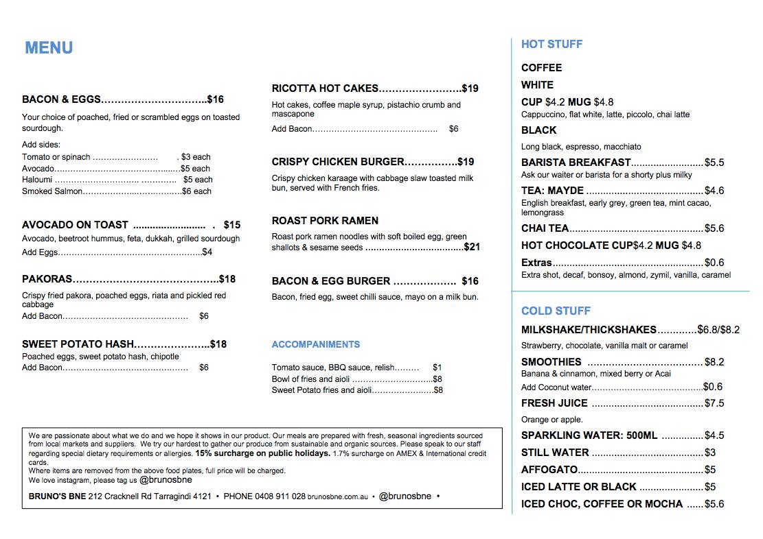 Menu at Bruno's cafe, Tarragindi