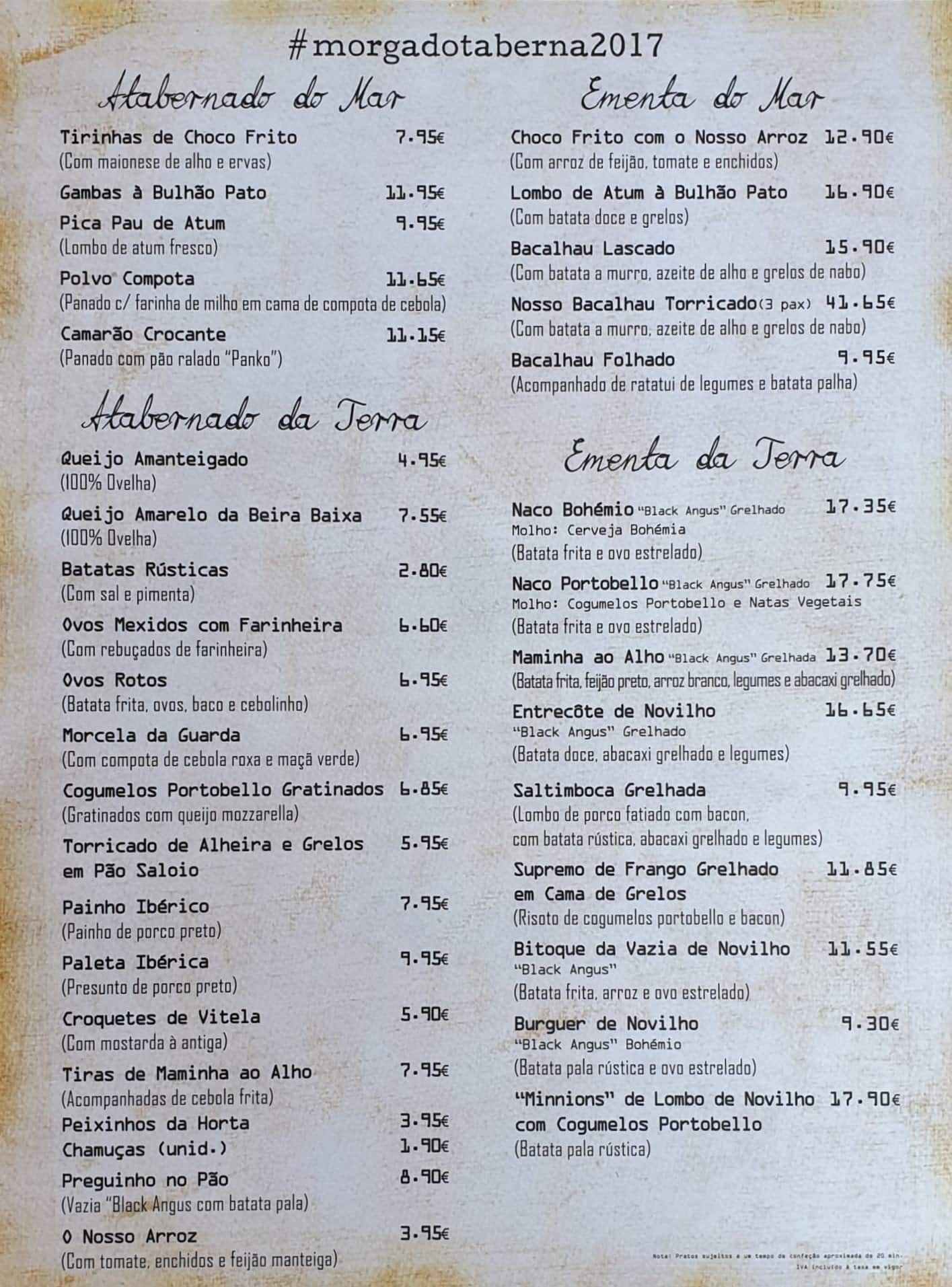 Menu em Restaurante Morgado Taberna 2017, Alverca do Ribatejo