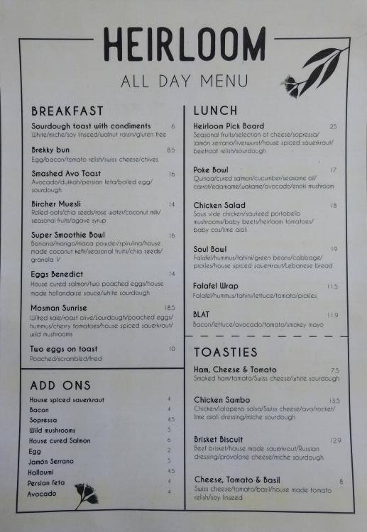 Heirloom Espresso Menu, Menu for Heirloom Espresso, Mosman, Sydney ...