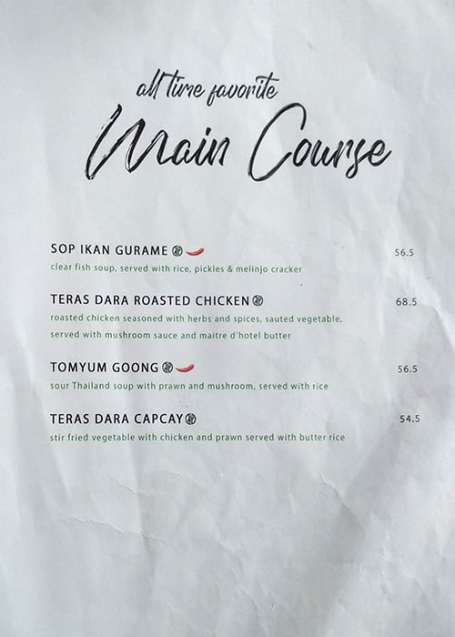 Menu at The Teras Dara restaurant, Bogor