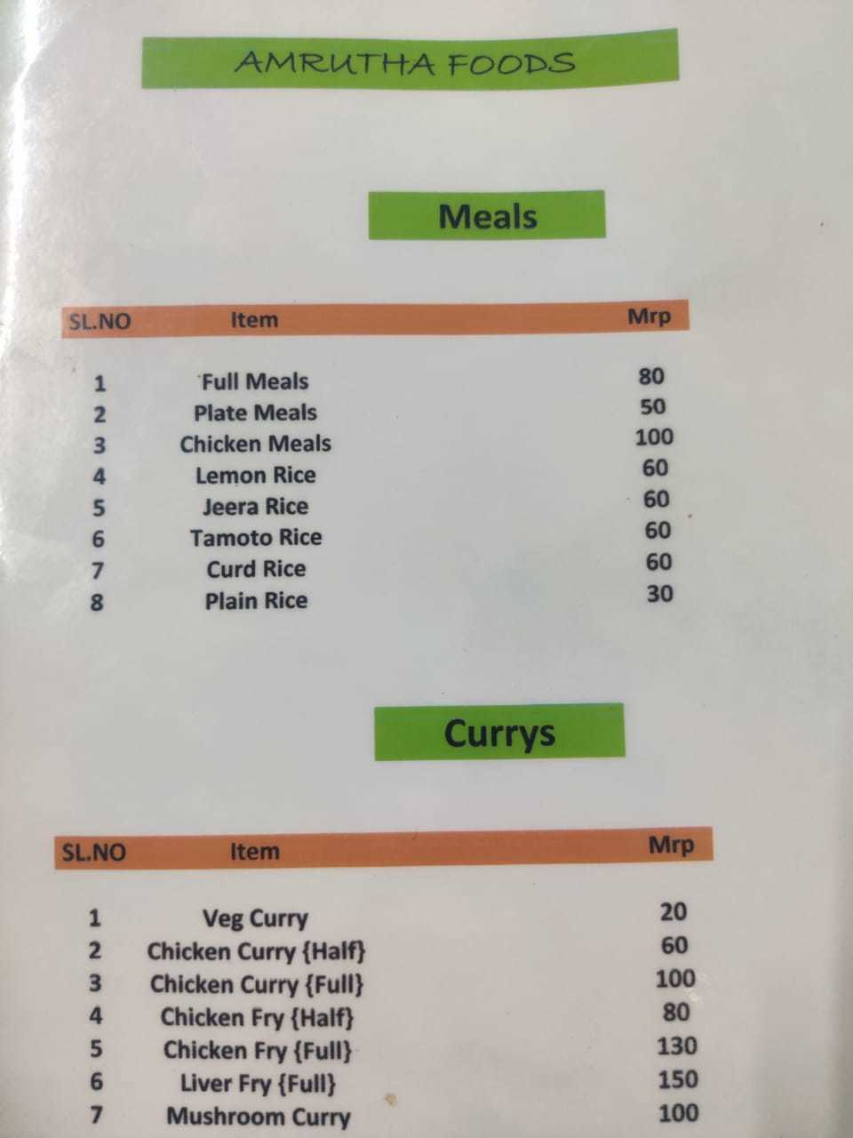 Menu at Amrutha Foods, Visakhapatnam
