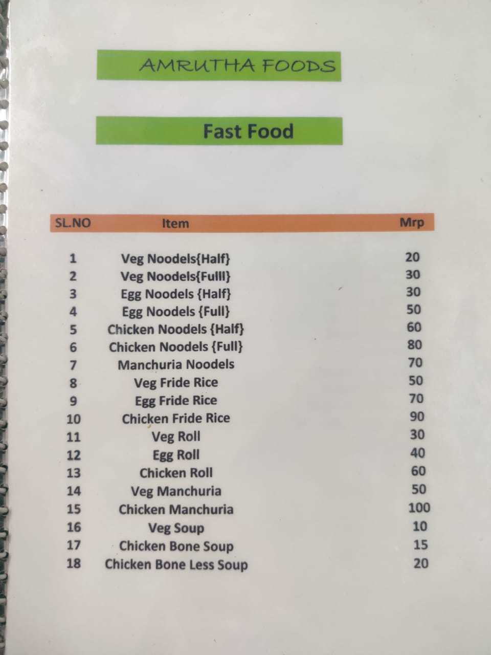 Menu at Amrutha Foods, Visakhapatnam