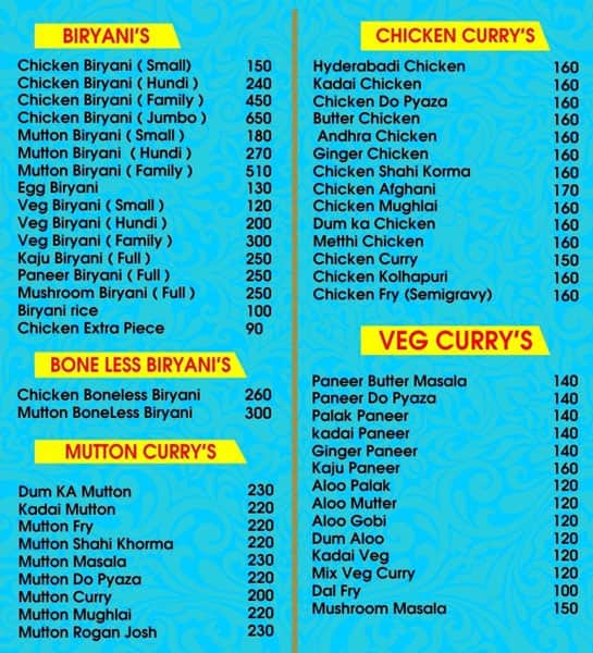 Menu of Raja Biryani Rani Pulao, Madhapur, Hyderabad