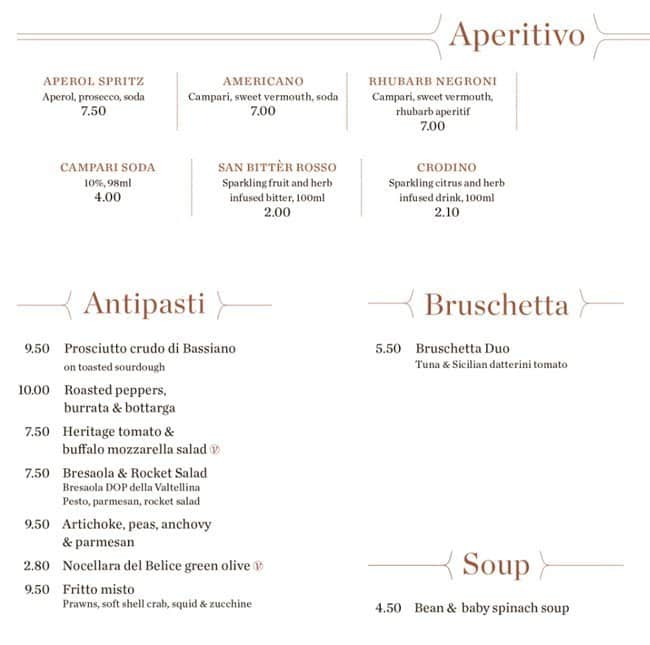 Menu at Princi restaurant, London, 135 Wardour St