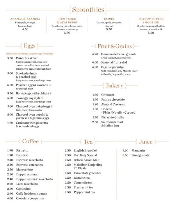 Menu at Princi restaurant, London, 135 Wardour St