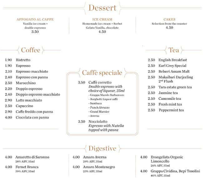 Menu at Princi restaurant, London, 135 Wardour St