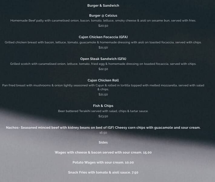 Menu at Celsius Gastrobar, Auckland