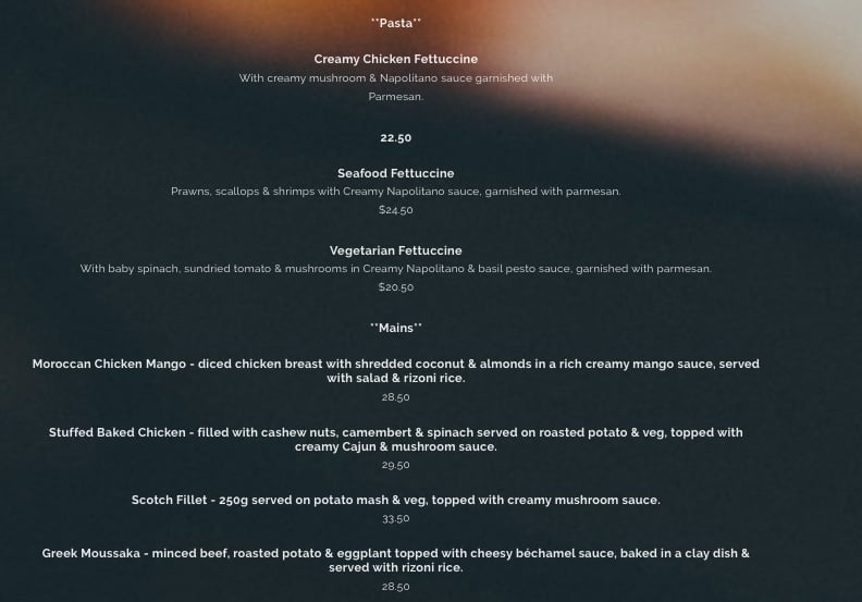 Menu at Celsius Gastrobar, Auckland