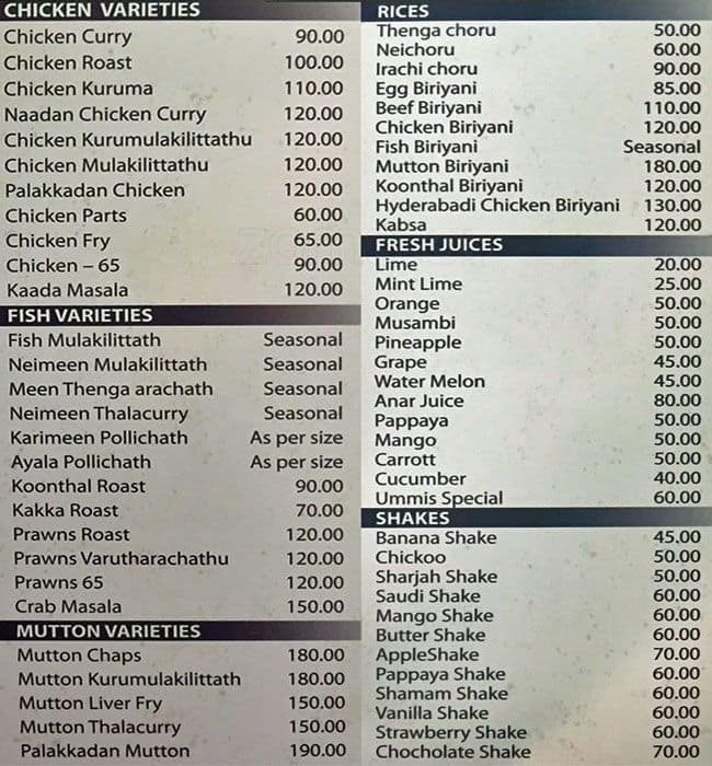Ummi's Kitchen Menu, Menu for Ummi's Kitchen, Chittoor Road, Kochi - Zomato