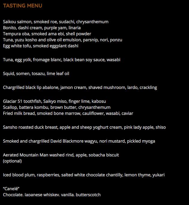 Menu at Sepia Restaurant, Sydney