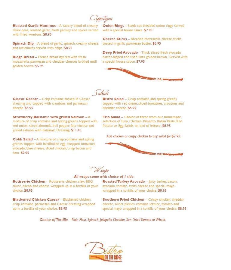 Menu at Bistro On The Ridge Catering restaurant, Jonesboro, 914 ...