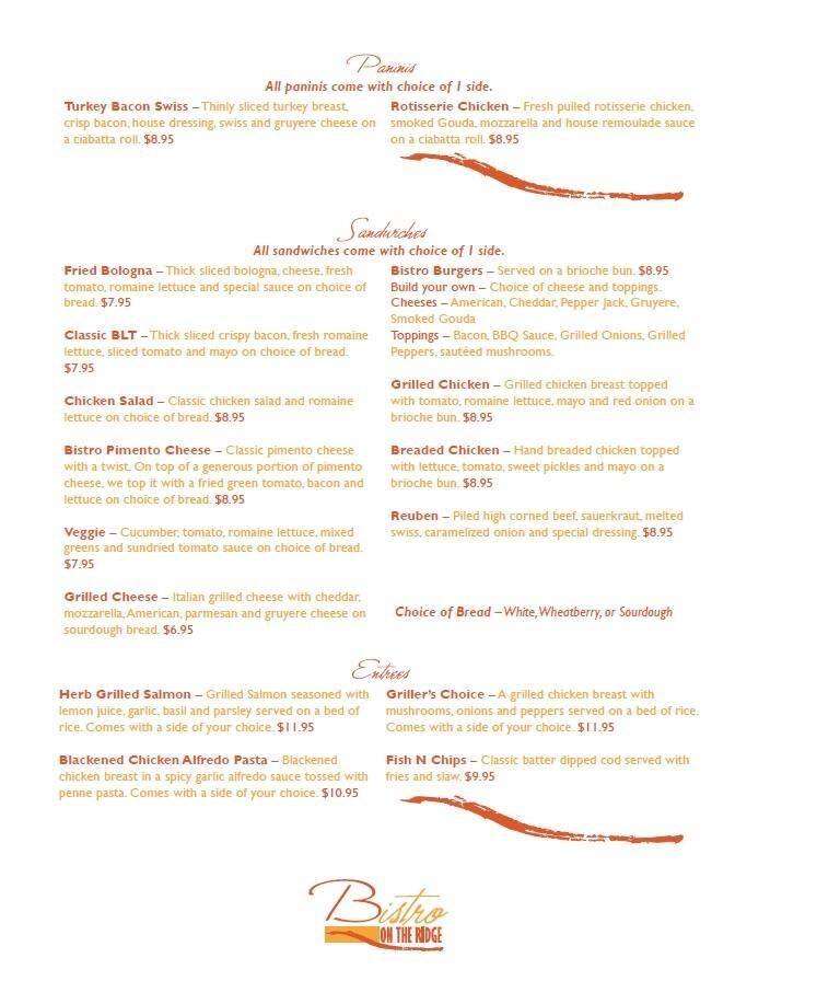 Menu at Bistro On The Ridge Catering restaurant, Jonesboro, 914 ...